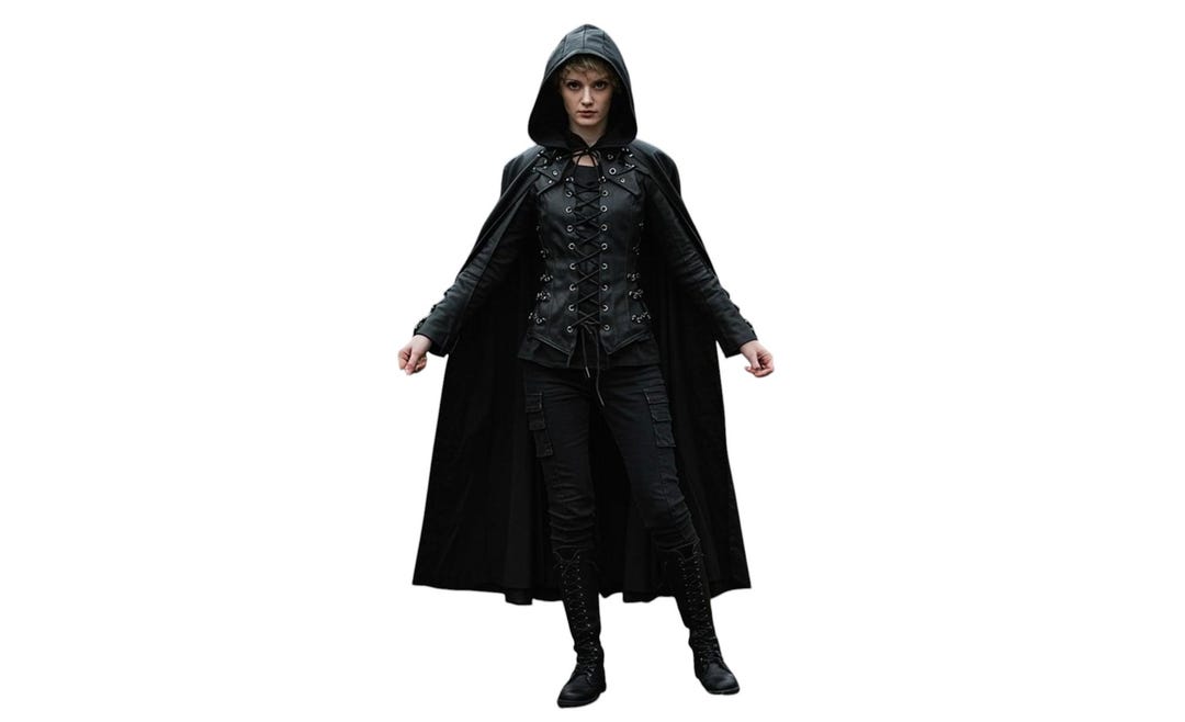 Black Hooded Leather Cloak Set for Women | Gothic Lace up Outfit ...