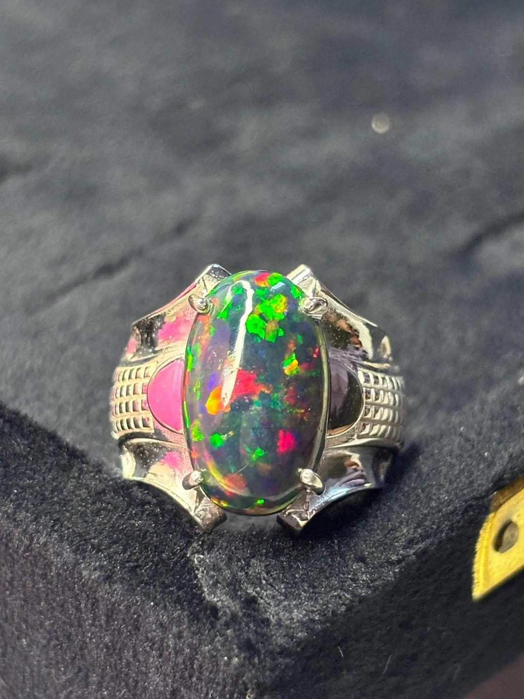 Natural Fire Ethiopian Black Opal Ring - Big Opal Men’s Ring - Large ...