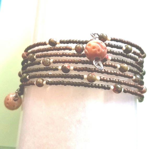 Green Unakite with matte bronze army green and ivory seed | Etsy