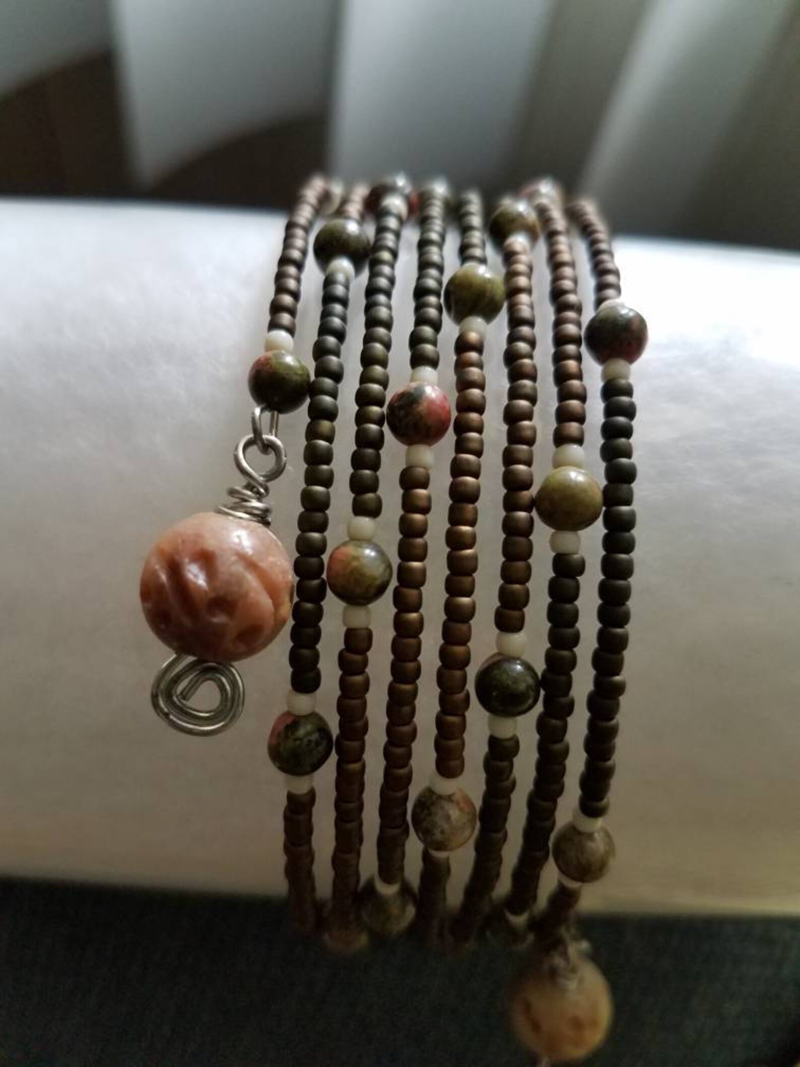 Green Unakite with matte bronze army green and ivory seed | Etsy