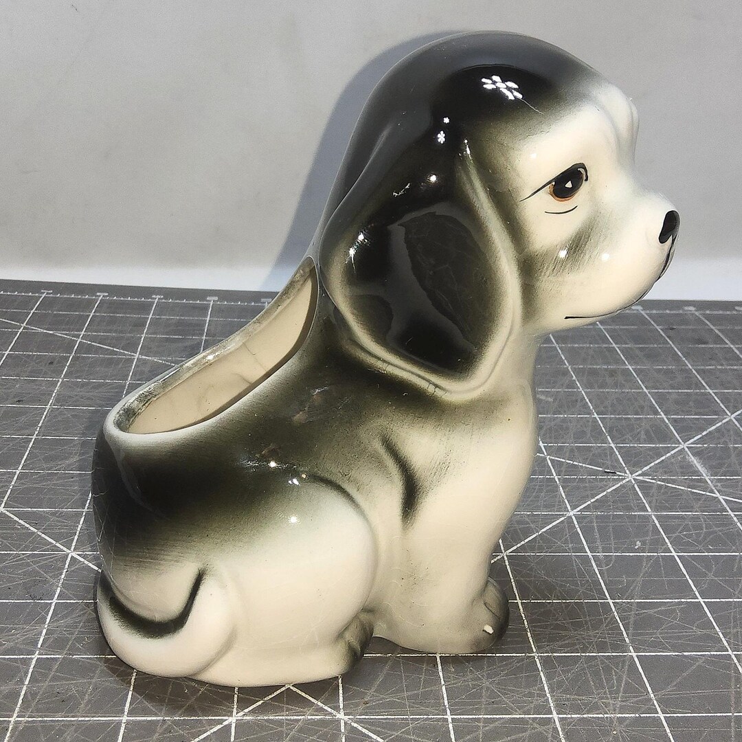 Vintage 7x6x4 Ceramic Beagle Puppy Planter T4201 Black White Midmod ...