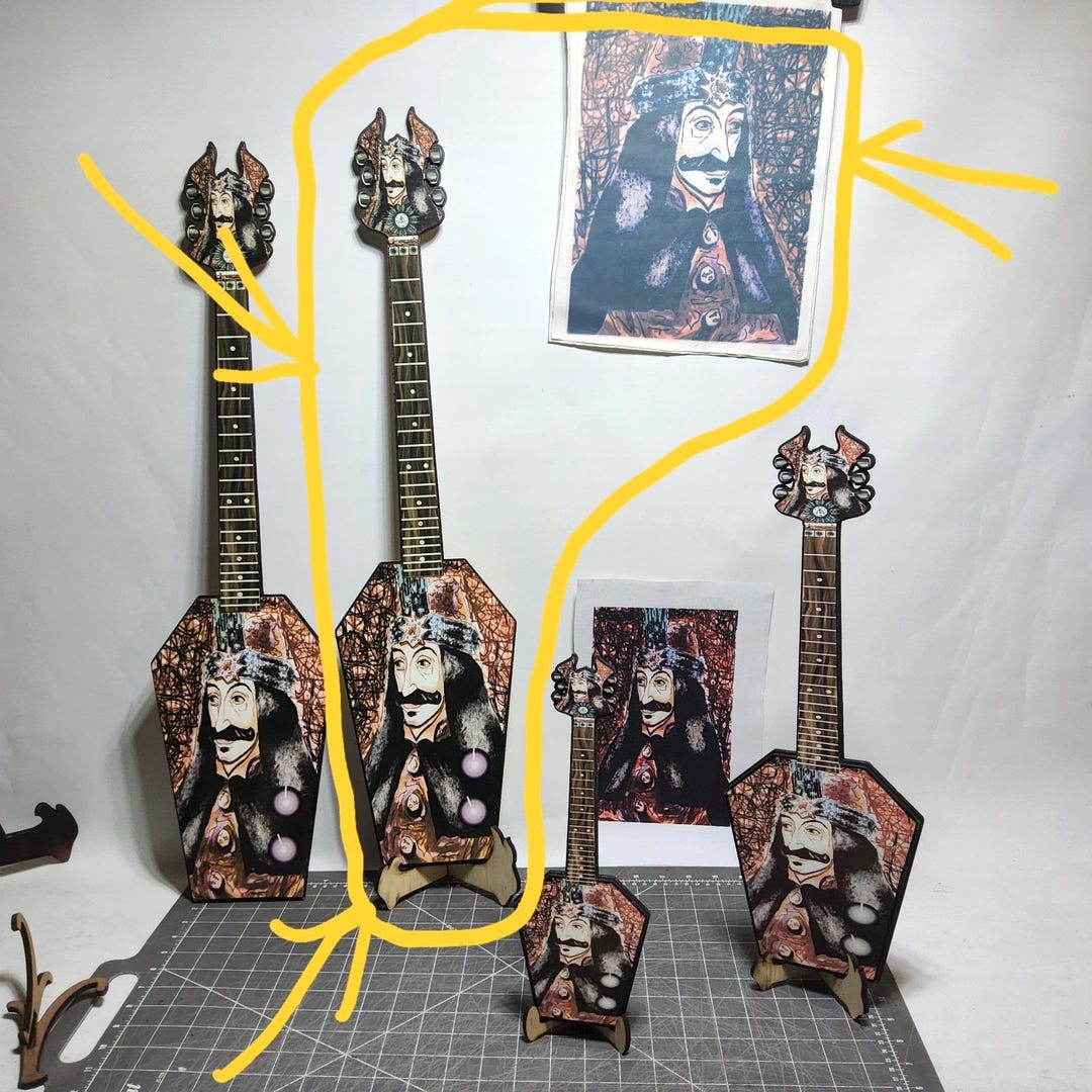 7x28 Vlad Tepes Dracula Art Coffin Lid Guitar & 9x12 Peel Stick Print ...