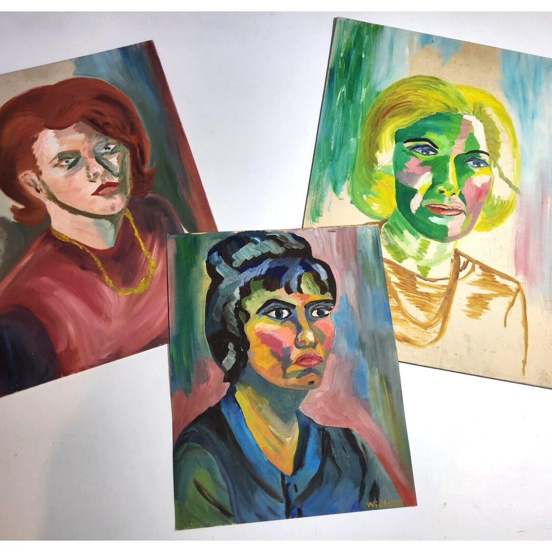 3 Vintage 1960s Oil Portrait Paintings of Women Spooky Colorful ...