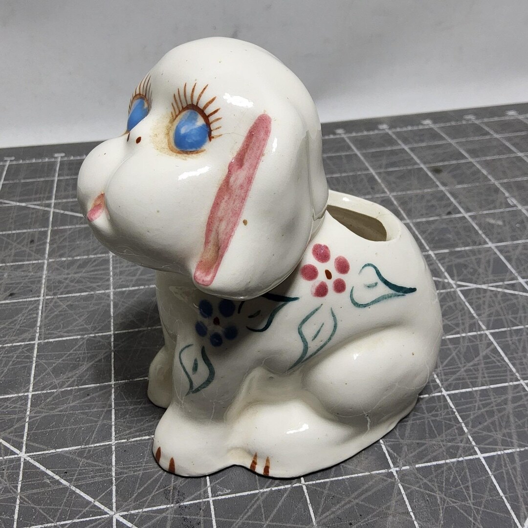 Vintage 5x5x3 Block Pottery 60s Ceramic Puppy Dog Planter Flower Design ...