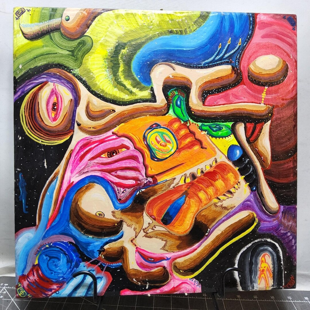 Vintage Abstract Art Trippy 14x14 Tile Hand Painted Bright Acrylic Wall ...