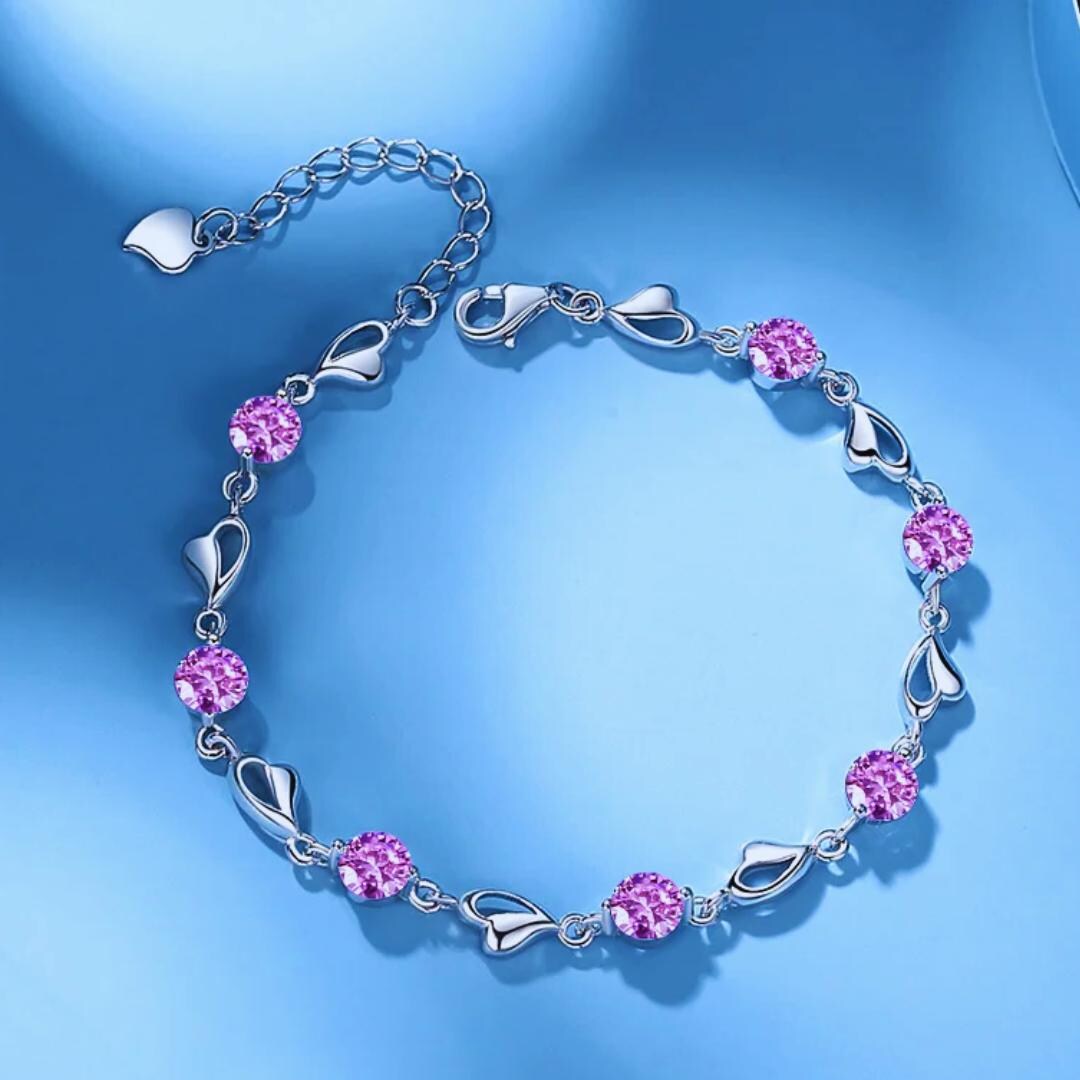 Sterling Silver Heart Bracelet: Pink Crystal Charm, Retro Korean Style ...