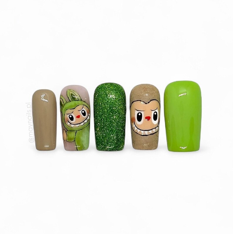 Labubu Press-on Nails – Hand Painted Character Nail Art – Green Brown ...