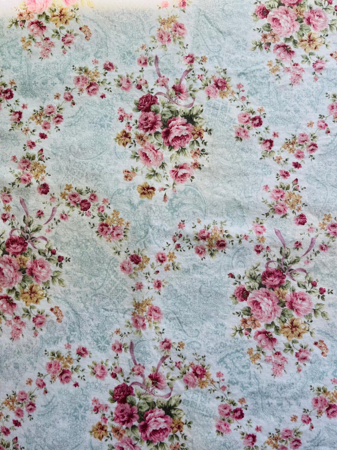 Pink and Blue Toile Floral Print Fabric Remnant - Etsy