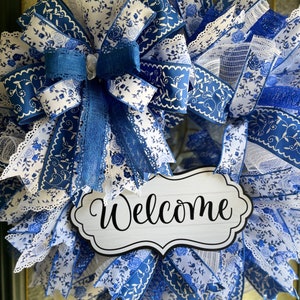 Blue Floral Welcome Wreath/ Blue and White Floral Welcome Wreath/deco ...