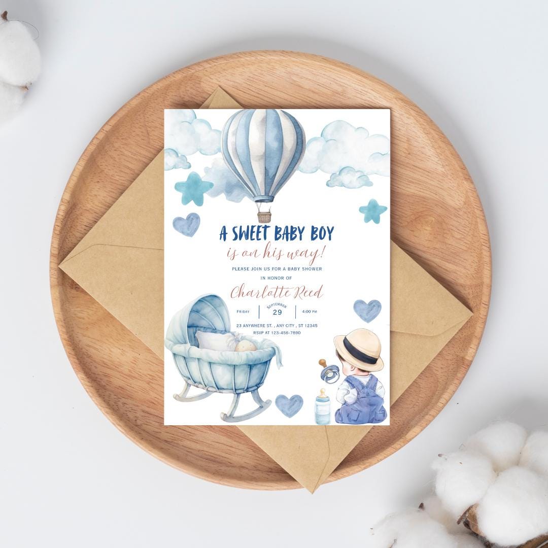 Blue Hot Air Balloon Baby Shower Invitation (canva Template) - Etsy