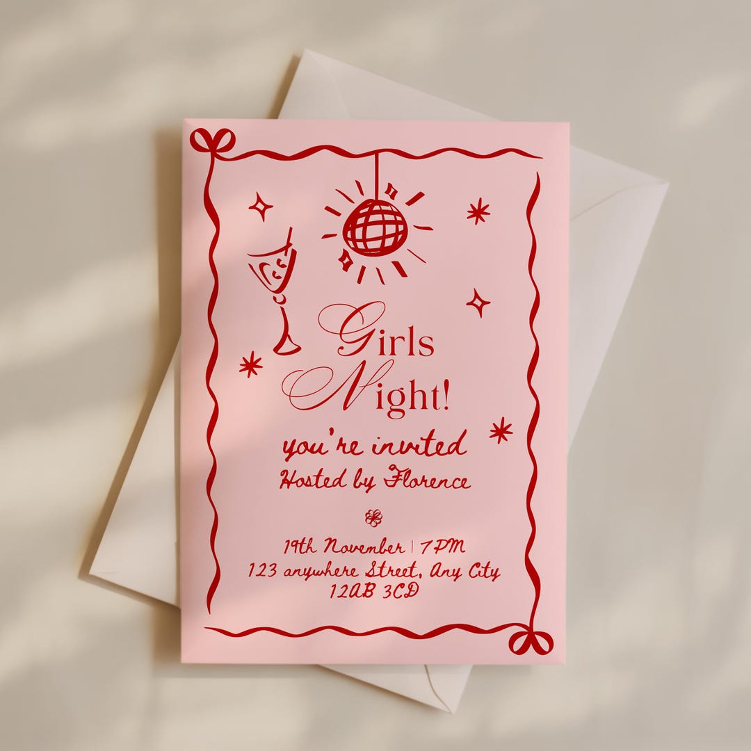 Editable Girls Night Invitation Template | Pink & Red Decorative Design ...