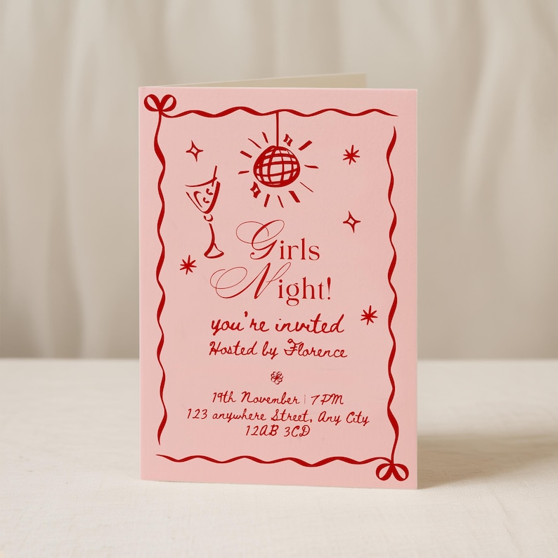 Editable Girls Night Invitation Template | Pink & Red Decorative Design ...