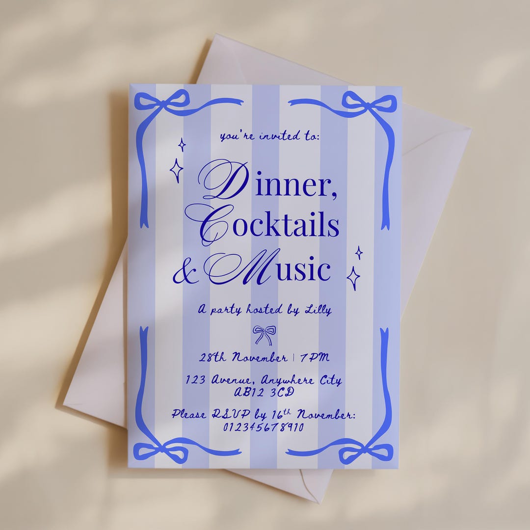 Elegant Blue Dinner Party Invitation Template: Modern Soirée (digital ...