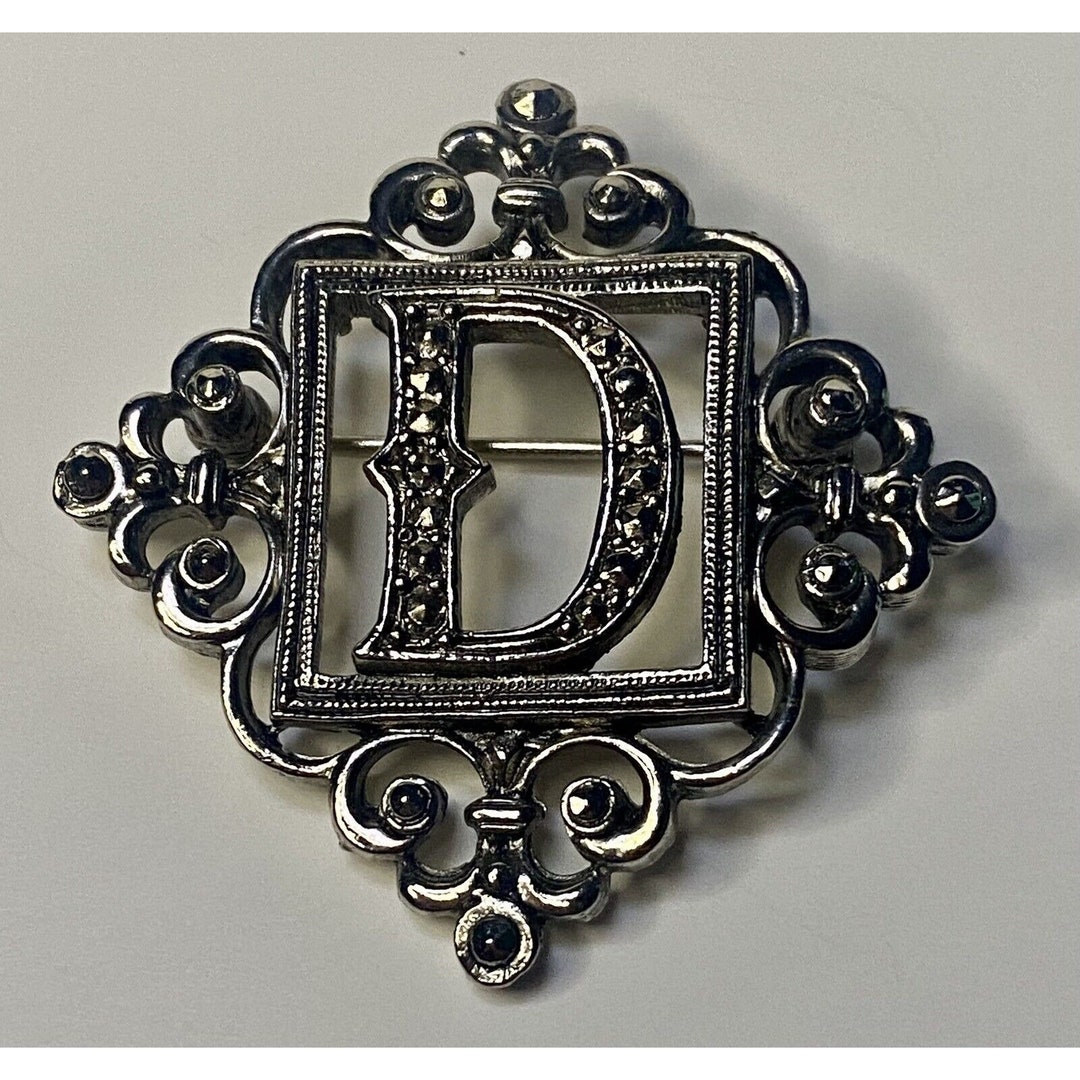 Vintage Monogram Initial D Marcasite Brooch Pin Filigree 1990s ...