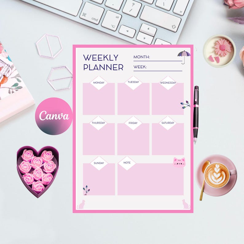 Editable Weekly Planner - One Page-canva Template-a4 & Letter Sizes ...