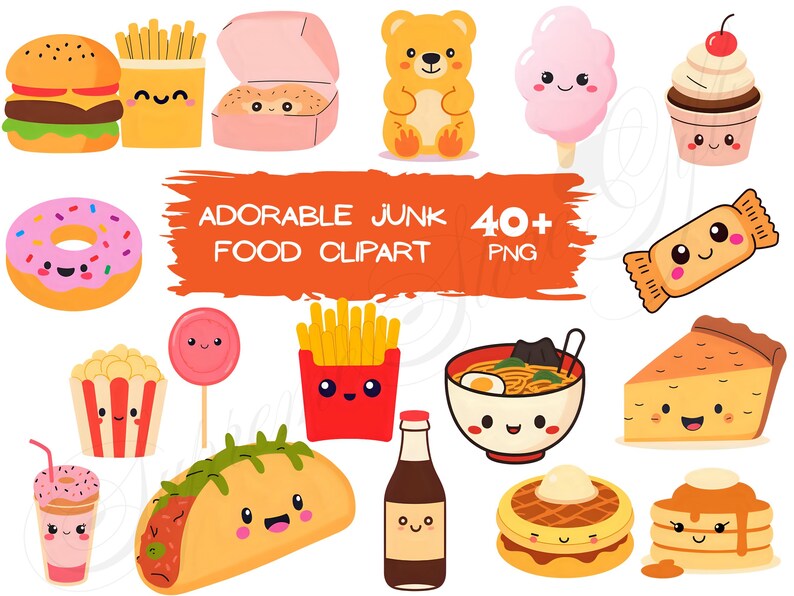 Cute Kawaii Food Clipart Set, Junk Food PNG Bundle, Fast Food Clipart ...