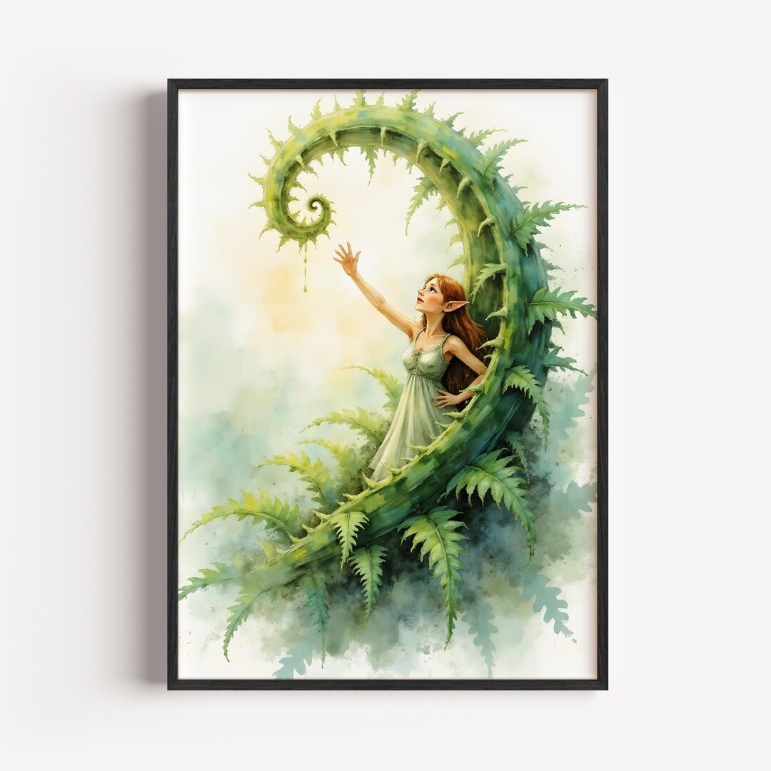 Fairy-tale Elf in Green Dress - Cottagecore Botanical Wall Art Print ...