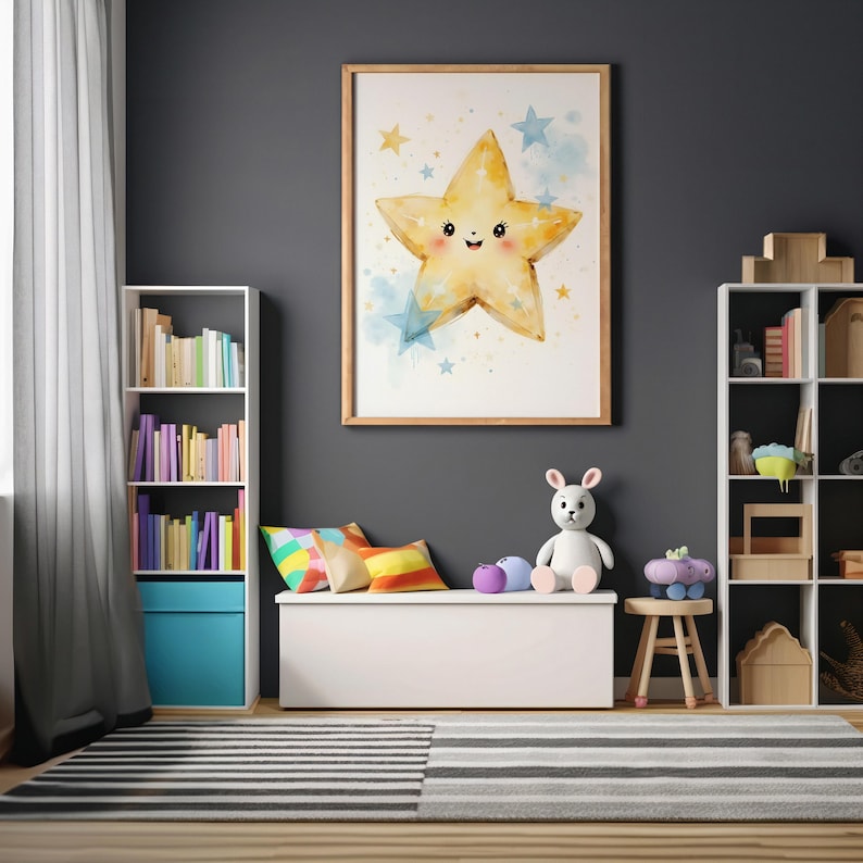 Kawaii Star Printable Wall Art, Cute Nursery Decor, Smiling Yellow Star ...