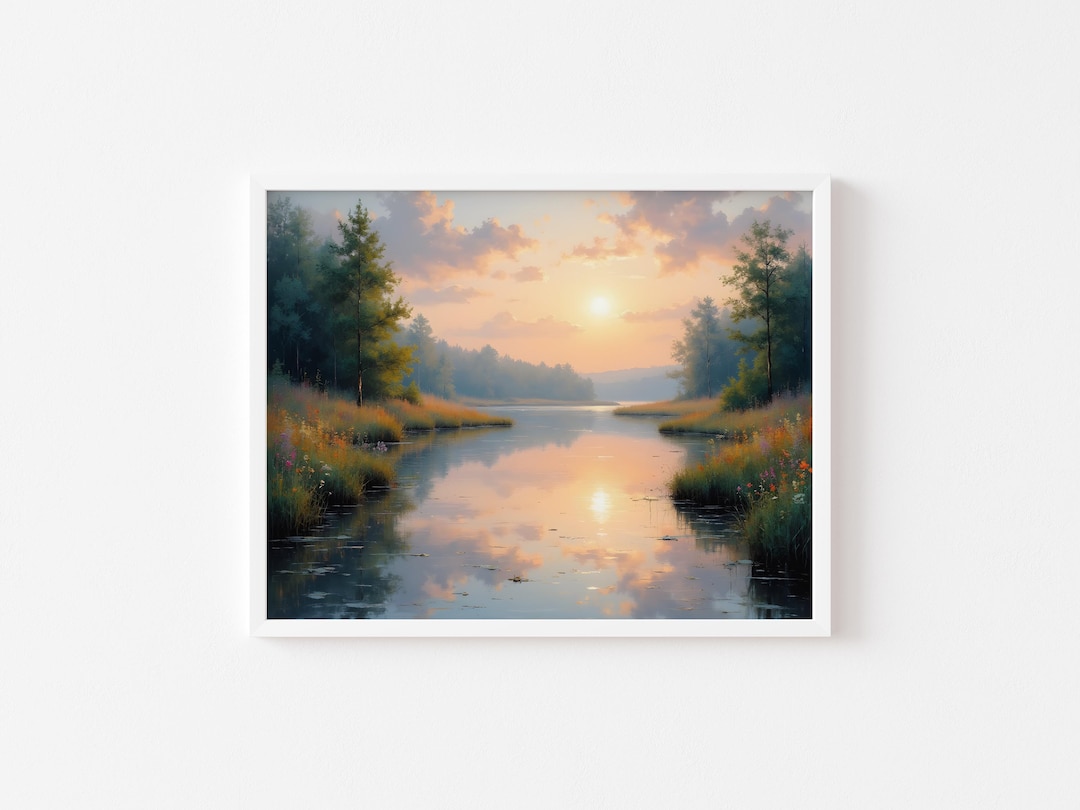 Tranquil River Sunset Painting- Cottagecore Landscape Art (digital ...
