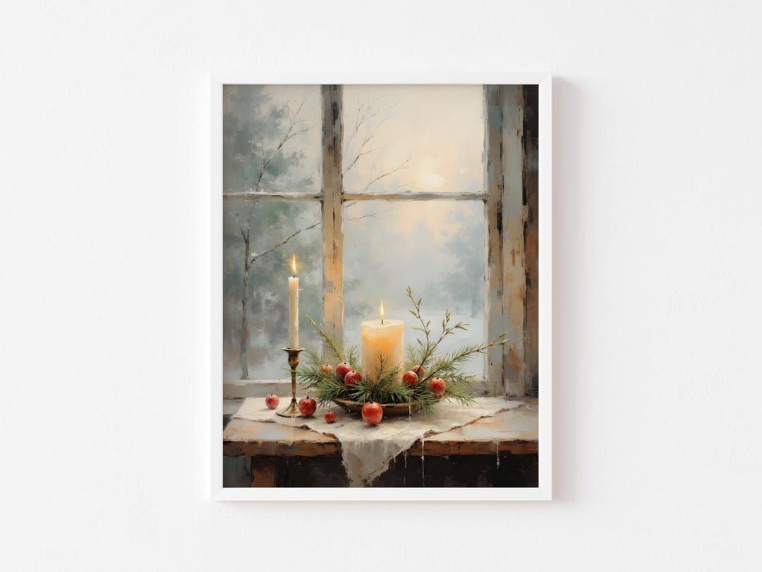 Rustic Winter Window Scene - Printable Candlelit Holiday Art, Cozy ...