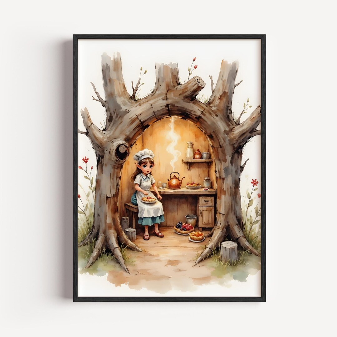 Young Elf Baker in Tree Kitchen - Cottagecore Storybook Wall Art ...