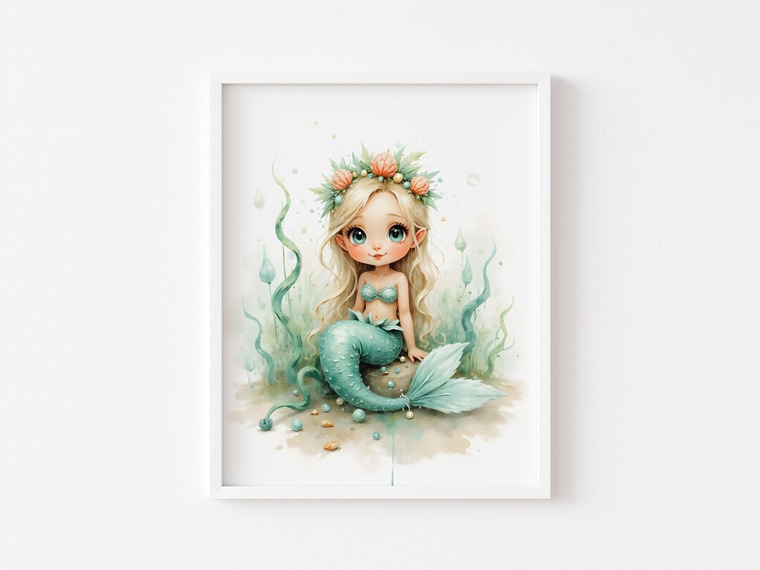 Watercolor Mermaid Print – Kawaii Big-eyed Mermaid Nursery Decor ...