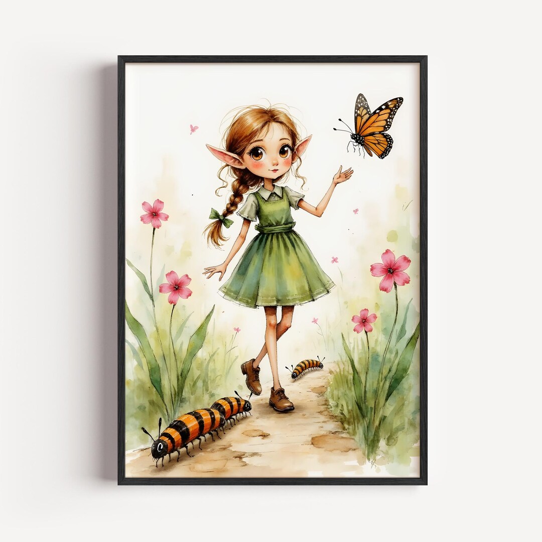 Woodland Elf Girl & Butterfly - Printable Cottagecore Art, Cute ...