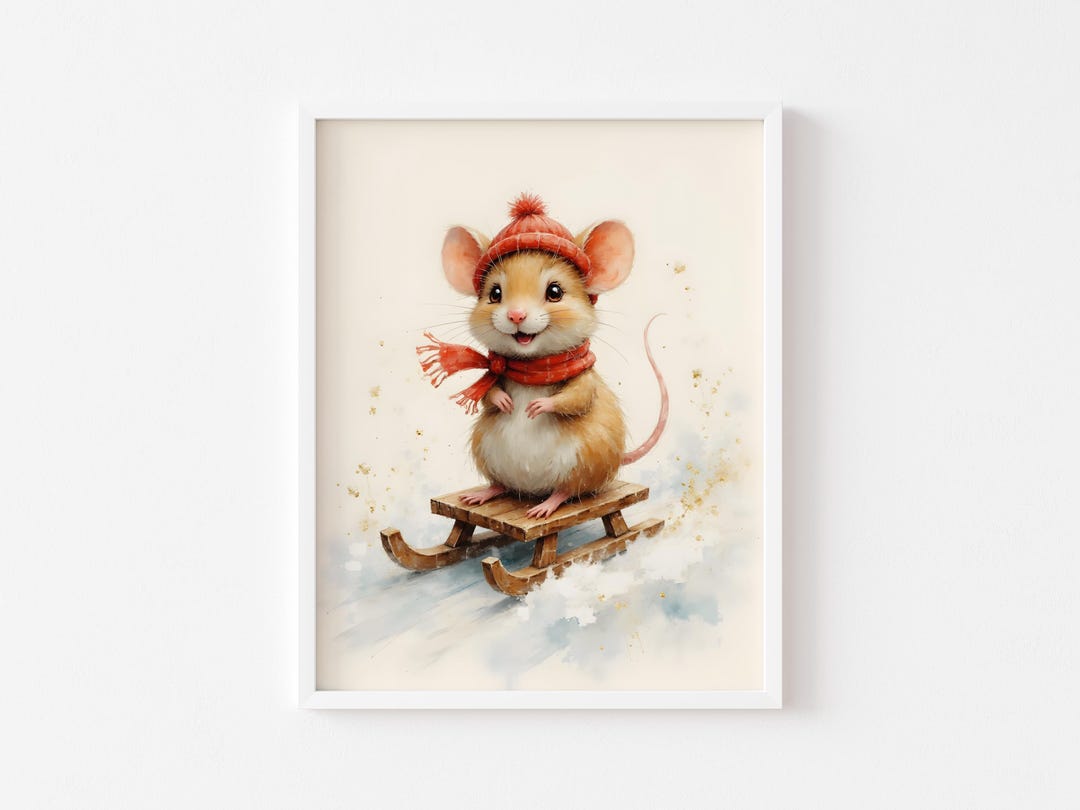 Printable Winter Mouse on Sled Art - Cute Animal Illustration, Kids ...