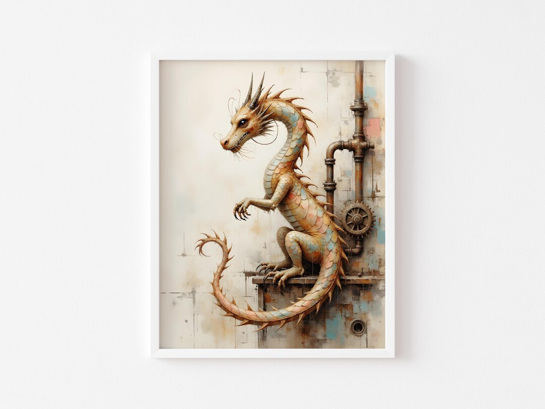 Steampunk Dragon Print – Rustic Fantasy Art, Mystical Home Decor ...