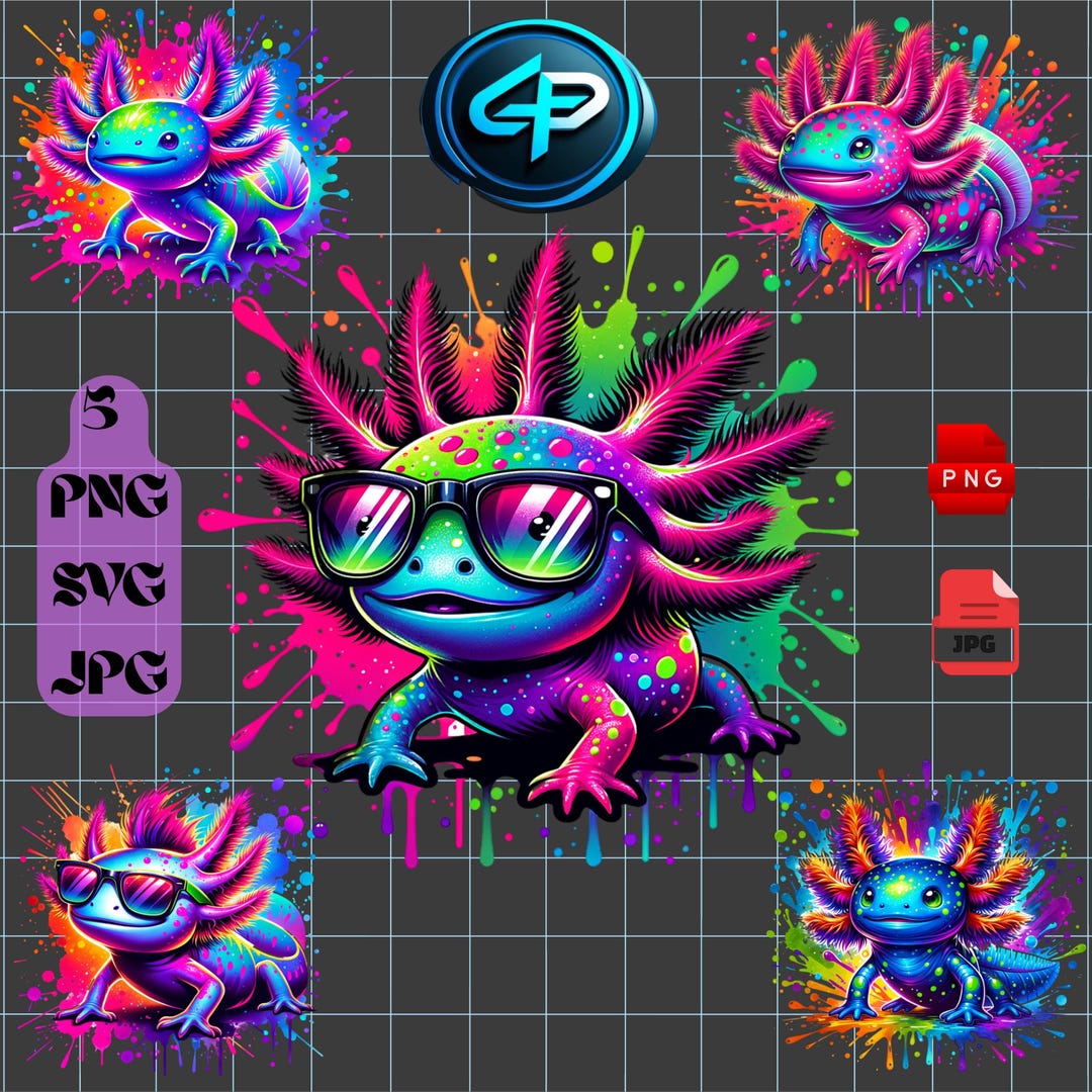Neon Axolotl Clipart Bundle: Reptile Splash SVG PNG JPG Designs ...