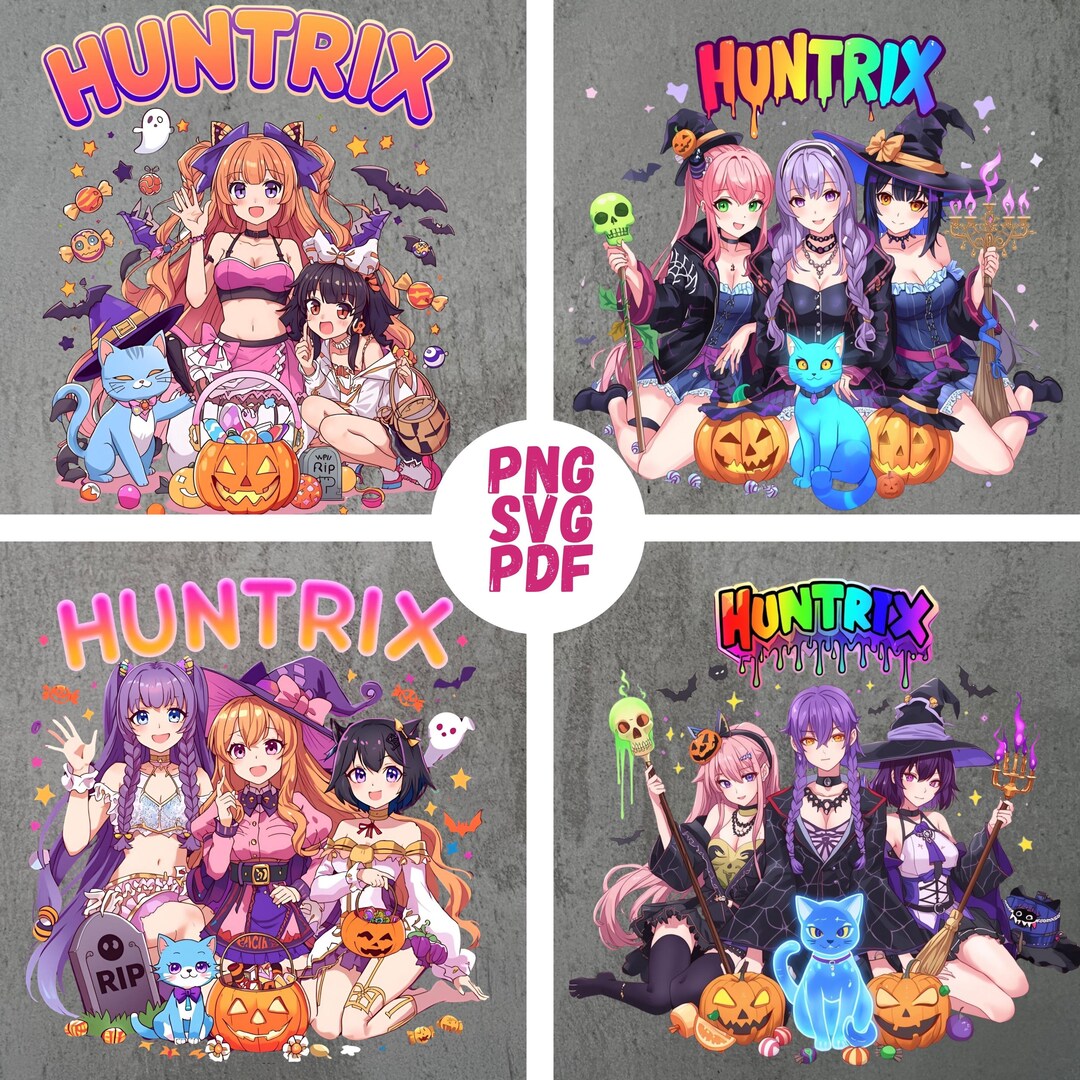 Halloween Anime Witch Trio Clipart: Kawaii Cat & Pumpkin PNG SVG PDF ...