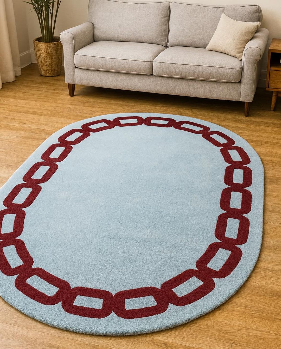 Handmade Sky Blue Oval Rug – Modern Maroon Chain Border, Soft Wool ...