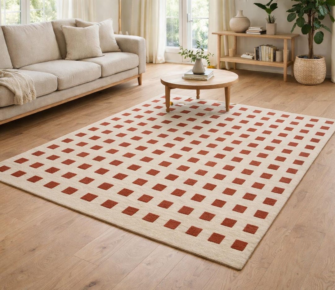 10X12 Modern Checkered Square Rug Hand Tufted Area Carpet Cream Rust ...