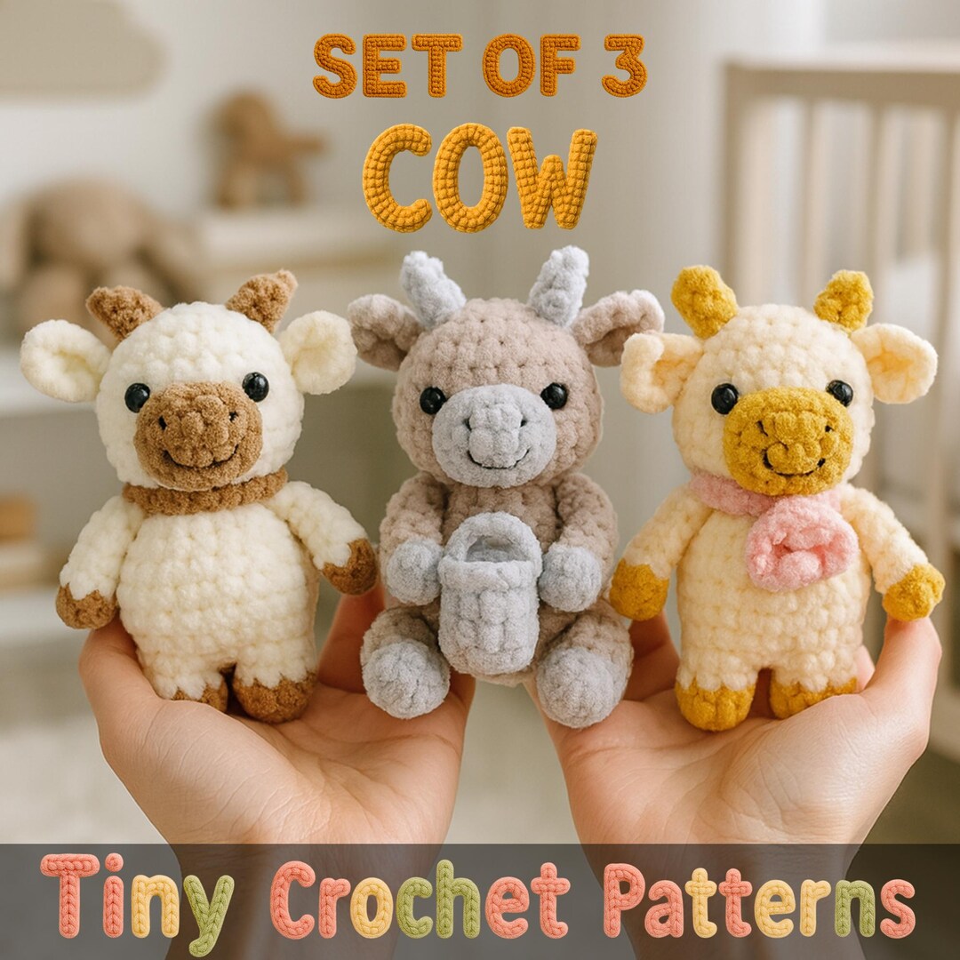 Set of 3 Funny Cow Crochet Amigurumi Pattern, Low Sew Cow Plush Toy ...