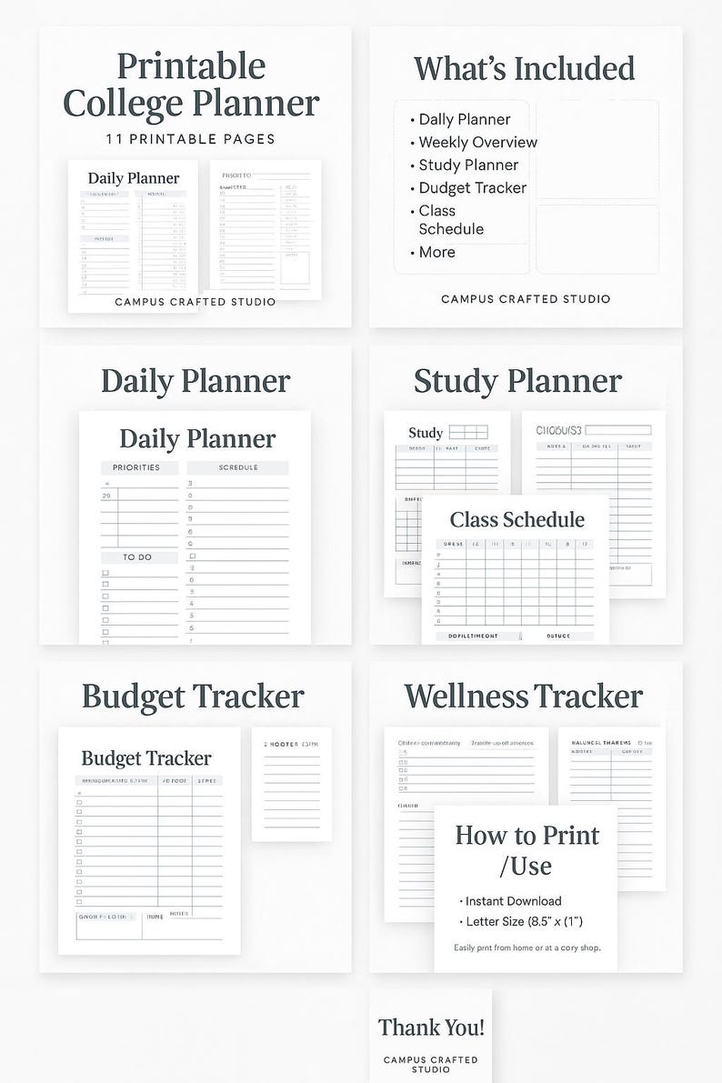 College Daily Planner Printable – Minimalist Academic Student Journal ...