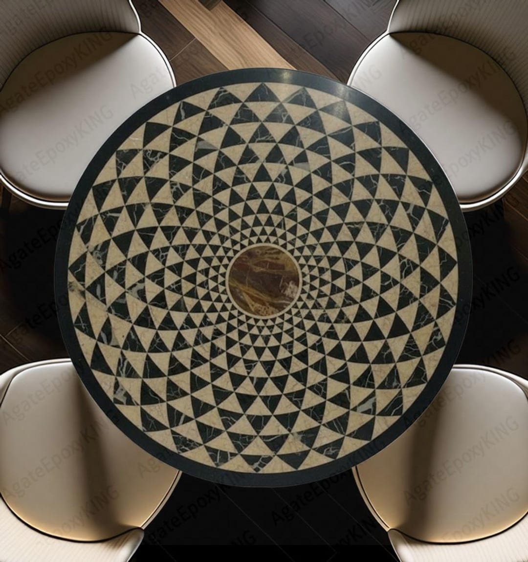 Hypnotic Black & Tan Triangle Inlay Table Top | Geometric Marble Round ...