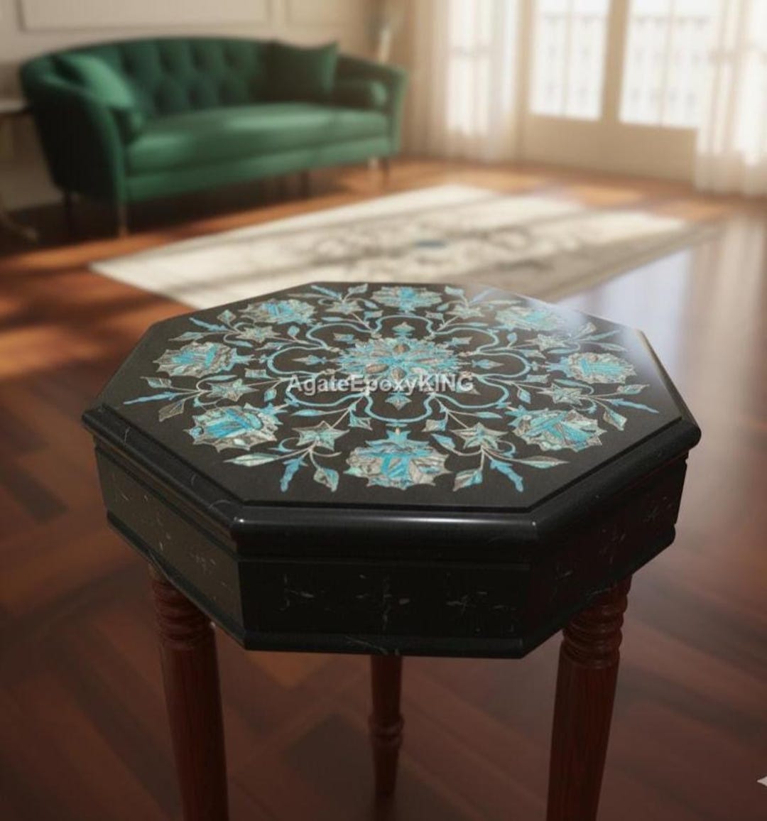 Black Marble Octagon Coffee Table | Pietra Dura Inlay Floral Art | Semi ...