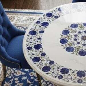 Luxury Blue Lapis Floral Inlay White Marble Dining Table, Royal Blue ...