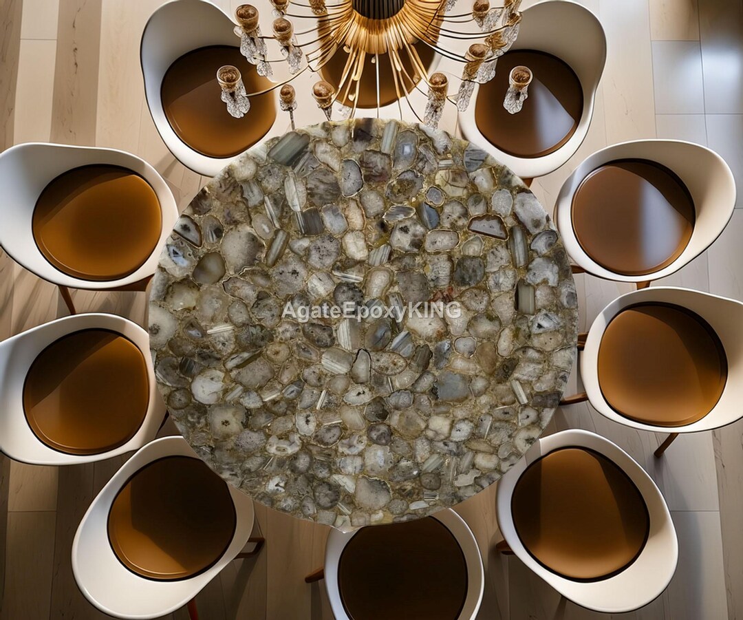 Natural Grey Agate Slab Dining Tabletop, Epoxy Resin Inlay Round Coffee ...