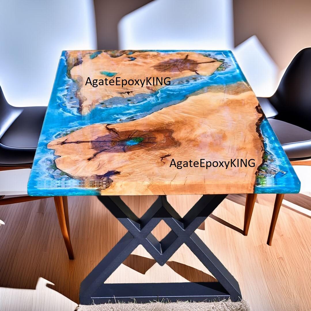 Handmade Ocean Blue Epoxy Resin River Dining Table: Live Edge Ocean ...