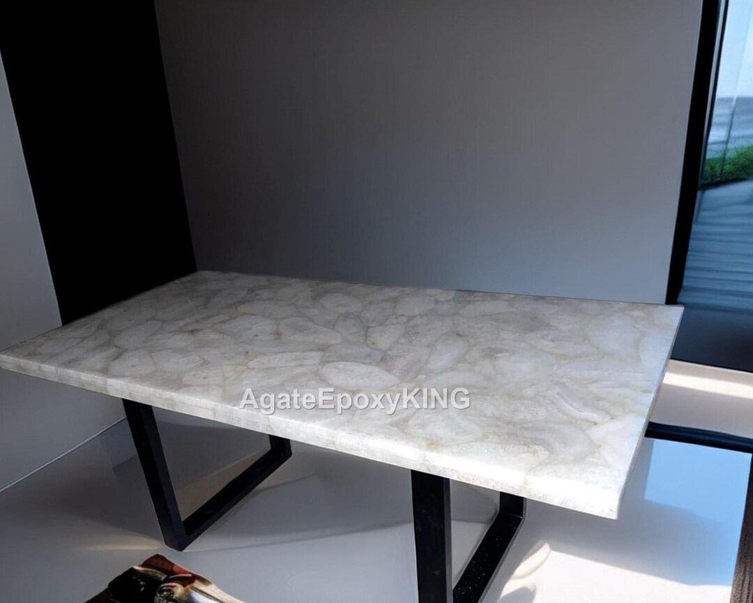 Agate Quartz Stone Slab Table, White Natural Gemstone Desk, Modern ...