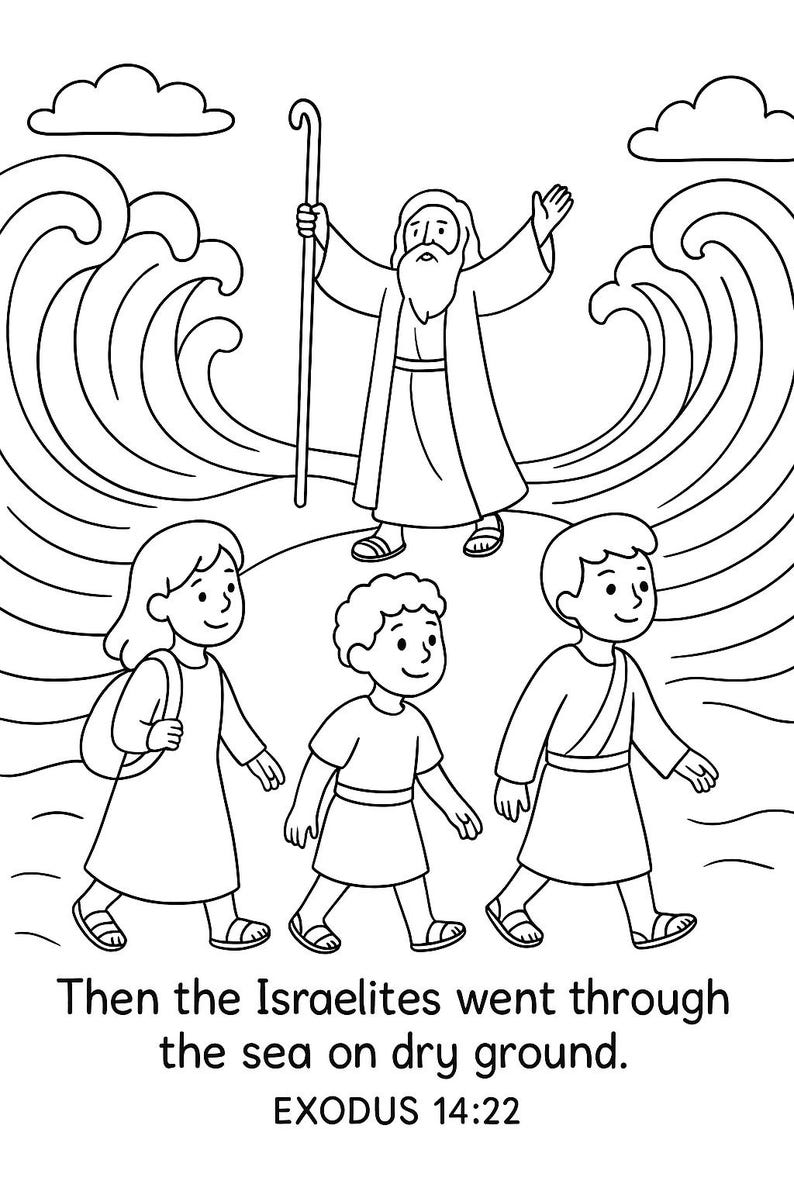 Moses Parting Red Sea Coloring Page | Christian Kids (digital Download ...