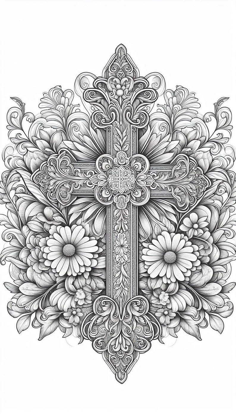 Ornate Floral Cross Adult Coloring Page | Christian Faith Printable ...