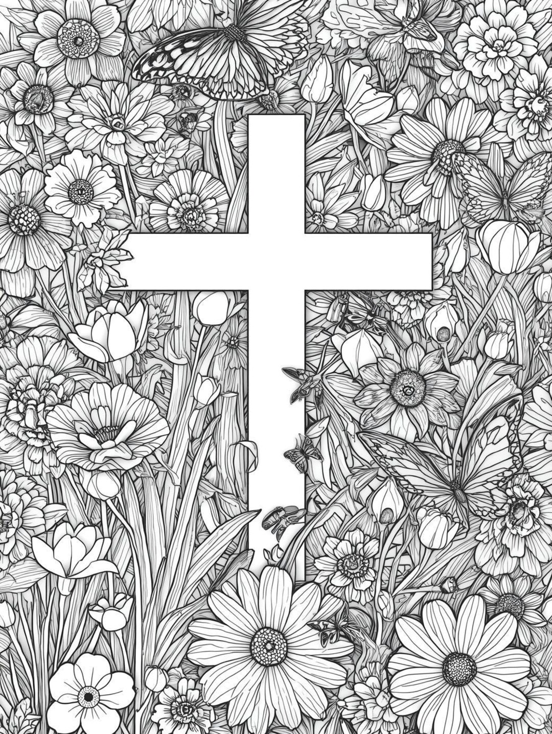 Christian Cross Adult Coloring Page | Floral Coloring Sheet | Faith ...