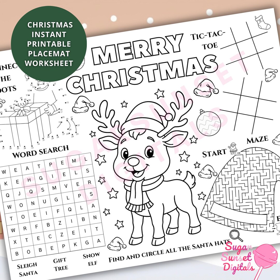 Christmas Reindeer Placemat Worksheet Holiday Activity Page for Kids ...