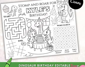 Dino Party Placemat. Printable Birthday Coloring Page for Kids. Dino ...
