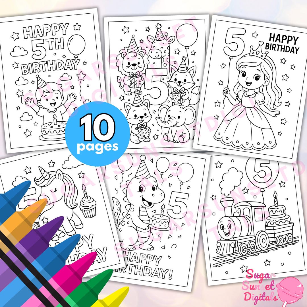 5th Birthday Coloring Pages, Kids Party Activity (PDF) - Etsy