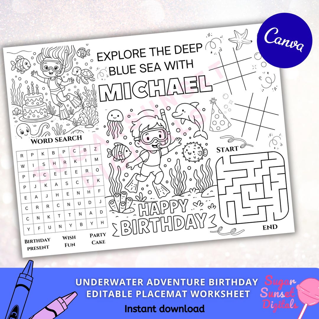 Underwater Adventure Birthday Placemat Ocean Party Colouring Activity ...