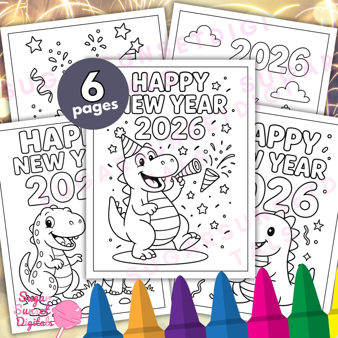 New Years 2026 Dinosaur Coloring Pages Dino NYE Colouring Sheets Kids ...