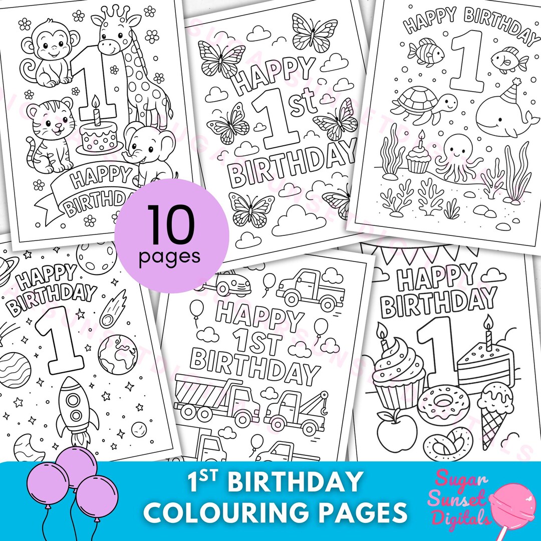 First Birthday Coloring Pages for 1-year-olds Fun Printable Party ...